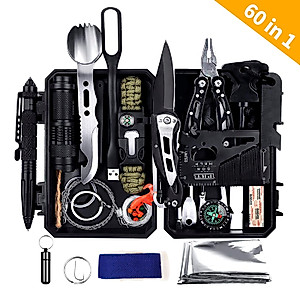 ANTARCTICA Emergency Survival Gear Kits 60 in 1, Outdoor Survival Tool with Emergency Bracelet Whistle Flashlight Pliers Pen Wire Saw for Camping, Hiking, Climbing,Car
