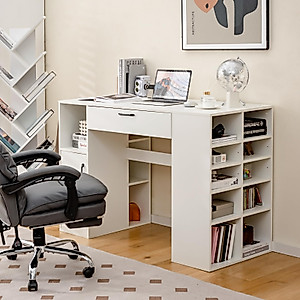 COSTWAY 36” Counter Height Sewing Table, 53 Inch Artwork Craft Table with 14 Open Compartments, 3-Position Adjustable Shelf, 1 Drawer & Cabinet, Project Center Desk Drafting Sewing Workstation, White
