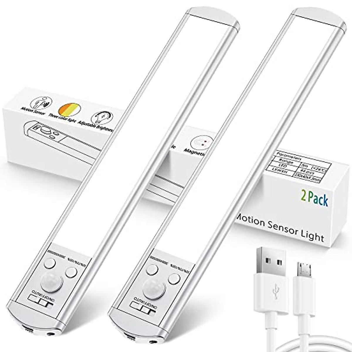 Under Cabinet Lights Motion Sensor: 66-Led Closet Light Wireless Magnetic Light Under Counter Lights for Kitchen 1000mAh USB Rechargeable Led Lights for Wardrobe Stairs Hallway Indoor 9.0 inch 2Pcs