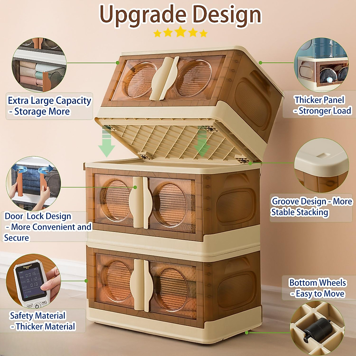 KUMD Storage Bins with Lids - Collapsible Storage Bins, Clear Wardrobe Closet Organizer, 20Gal Stackable Storage Bins, Foldable Plastic Storage Container with Door, Crate for Book Storage (3 Pack)