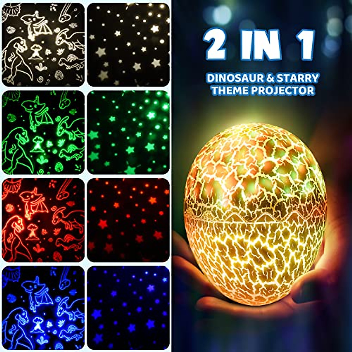 Dinosaur Egg Night Light Toys：STRAWBETTER 2-in-1 Dino & Star Projector for Kids 3-5 6 7 8 9 10 Year Old Boy Girl Gifts 360°Rotating Nights Lights Lamp Boys Gift Toy Age 3-12 Bedroom Decor