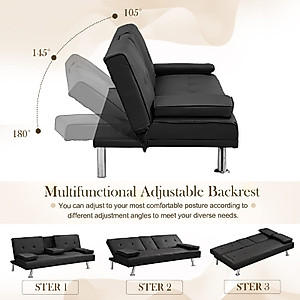 GEEVIVO Futon Sofa Bed, Modern Leather Living Room Sofa, Loveseat Folding Convertible Sofa, Couch Bed Sofa Pull Out with 2 Cup Holders with Armrest in The Middle(Black)