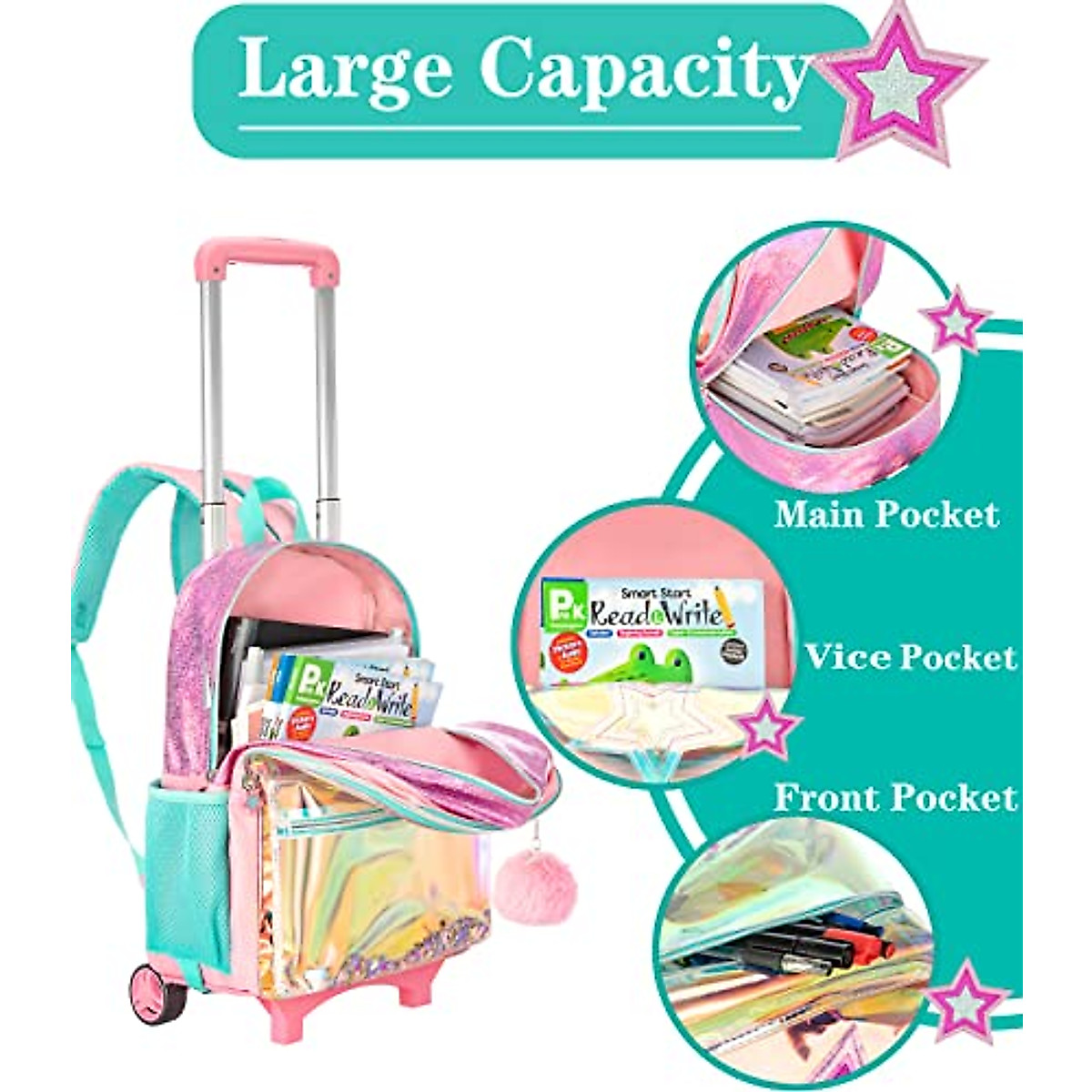 Meetbelify Girls Rolling Backpacks Wheels Roller Backpack Laptop Travel Luggage with Lunch Box for Elementary Girls Students