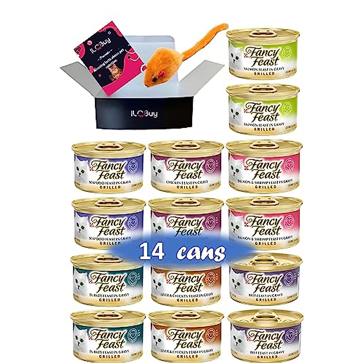 Fancy Feast Grilled Wet Canned Food Bundle, Variety Pack: 07 Flavors(02each) Pack of 14 cans.Plus Mouse Toy and Booklet