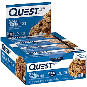 Quest Nutrition Oatmeal Chocolate Chip Protein Bars, 20g Protein, 1g Sugar, 5g Net Carb, Gluten Free, Keto Friendly, 12 Count