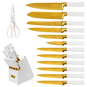 Gold Knife Set with White Handle, 14PCS Premium Quality Titanium Coated Hollow Handle Kitchen Knife Sets, Stainless Steel Chef Gold Kitchen Knife Sets with White Block, Non-slip Ergonomic Handle