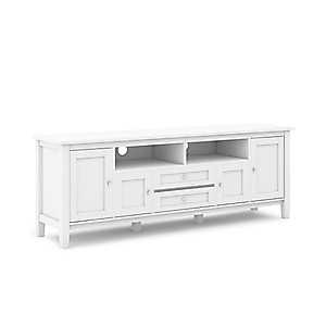 SIMPLIHOME Warm Shaker SOLID WOOD Universal TV Media Stand, 72 inch Wide, Farmhouse Rustic, Living Room Entertainment Center, Storage Shelves and Cabinets, for Flat Screen TVs up to 80 inches in White
