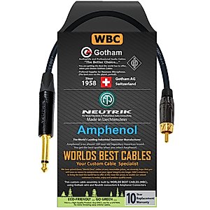 WORLDS BEST CABLES 1 Foot – TS to RCA Cable – Gotham GAC-4/1 (Black) Star-Quad Audio Interconnect Cable & Neutrik NP2X-B & Amphenol ACPL-CBK Gold Plugs - CUSTOM MADE