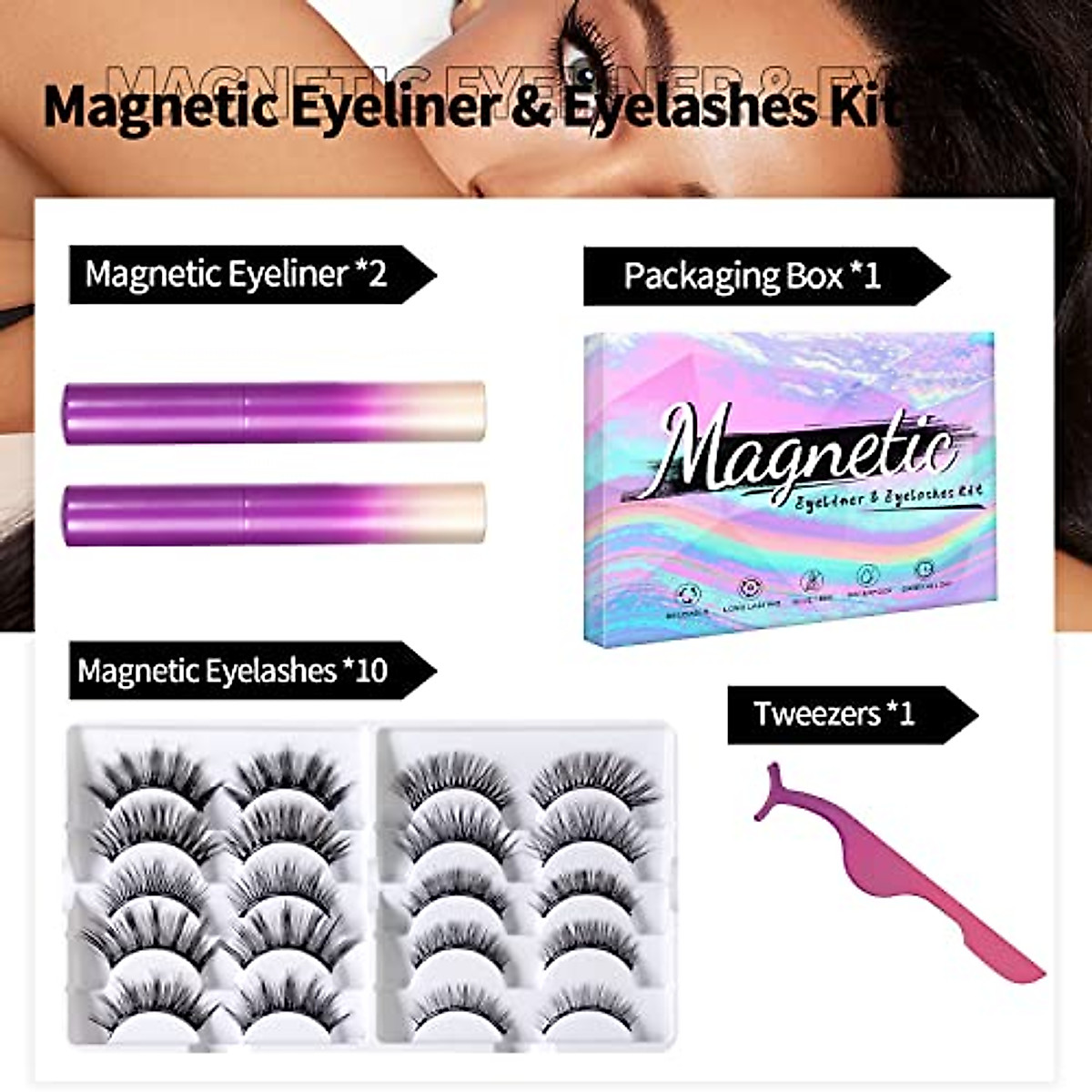 Magnetic Eyelashes with Eyeliner, 10 Pairs 3D Natural Look False Eyelashes, Magnetic Eyelashes and Eyeliner Kit, Reusable Magnetic Lashes with Eyeliner and Tweezers, No Glue