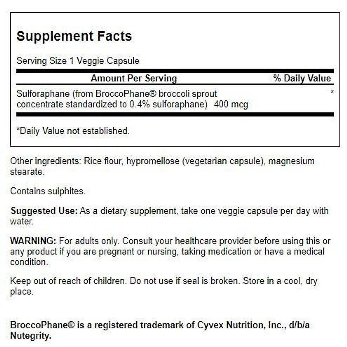 Swanson Sulforaphane - Broccoli Sprout Extract Supporting Cellular, GI Tract, and Liver Health - Natural Supplement Standardized to 0.4% Sulforaphane - (60 Veggie Capsules, 400mcg Each)