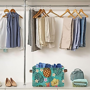 Pineapple Hibiscus Tropical Storage Basket Bins Sturdy Toy Storage Organizer Bins Laundry Basket with Handles for Living Room Clothes Nursery Closet Shelf Playroom,2 pcs
