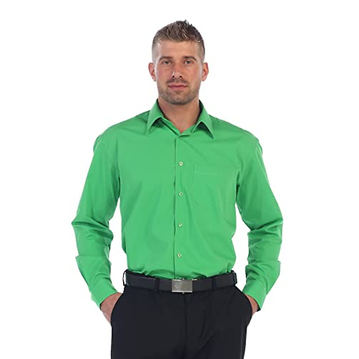 Gioberti Men's Long Sleeve Solid Dress Shirt, Green, Small, Sleeve 33-34
