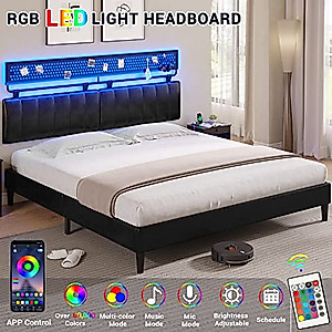 EPHEX King Platform Bed Frame with LED Lights, Faux Leather Upholstered Bed Frame with Wall Mount Headboard & Pegboard, Strong Wood Slat Support, No Box Spring Needed, Black