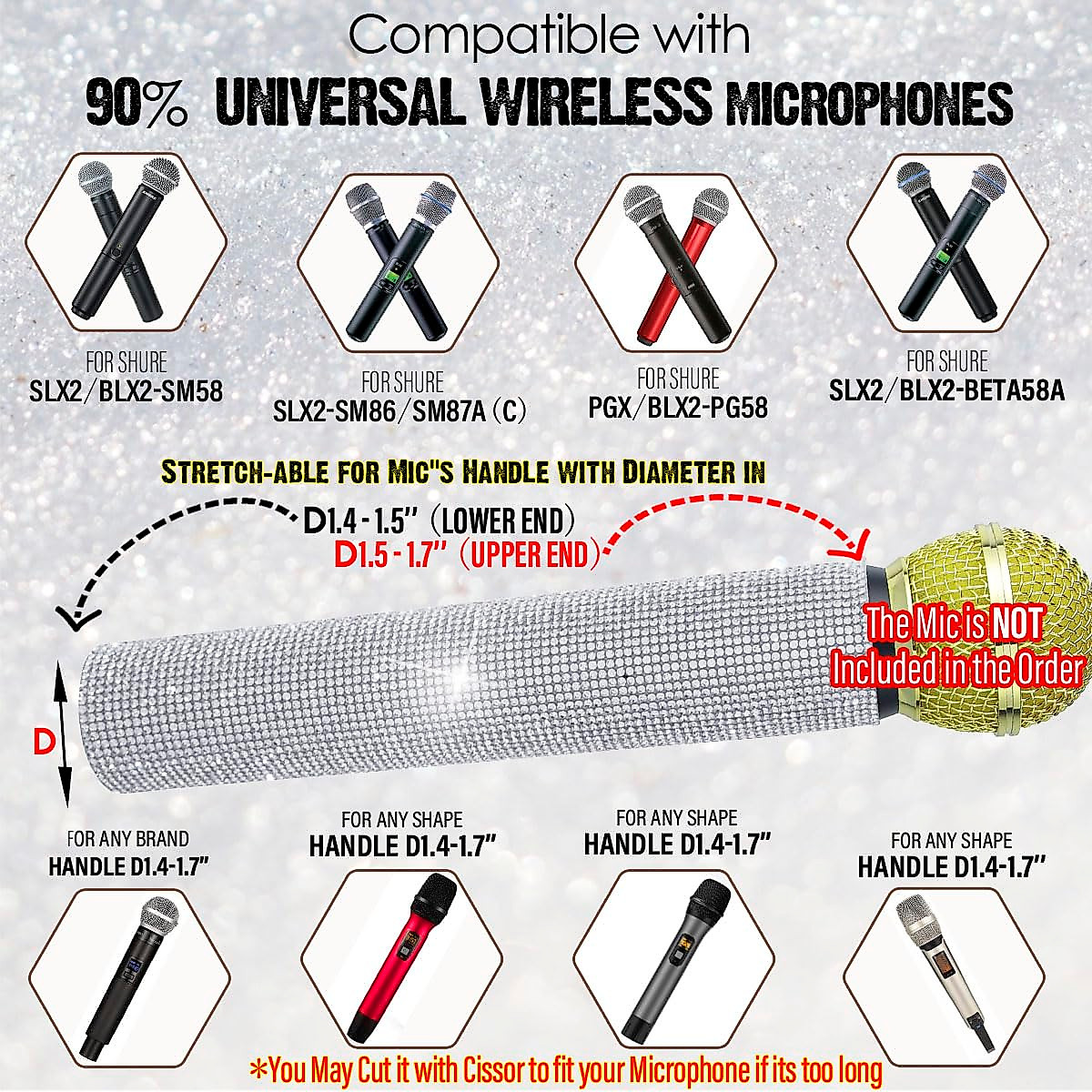 RhymKawa Silver Crystal Mic Handle Cover for Universal Wireless Microphone and SM58, BETA58, Sparkle Cordless Handheld Shining on Tours & Shows (Mic NOT Included)