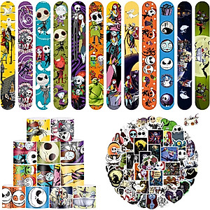 QWAERPLPN 48PCS Nightmare Before Christmas Slap Bracelet and 50PCS Nightmare Party Stickers for Kids Baby - The Nightmare Before Christmass Birthday Party Supplies Favors Children/Kids/Adults (98PCS)