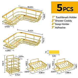 Bathroom stars Gold Corner Adhesive Shower Caddy，Rustproof Stainless Steel Corner Shower Shelves for Bathroom Kitchen, No Drilling Wall Mounted Shower Rack for inside Shower, 5 Pack