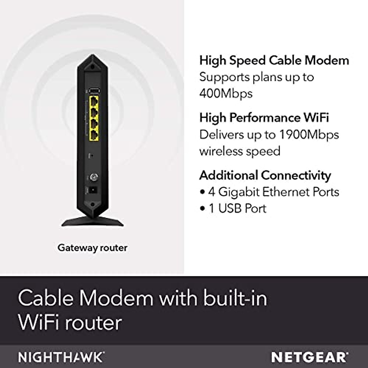NETGEAR Nighthawk AC1900 (24x8) DOCSIS 3.0 WiFi Cable Modem Router Combo (C7000) for Xfinity from Comcast, Spectrum, Cox, more (Renewed)