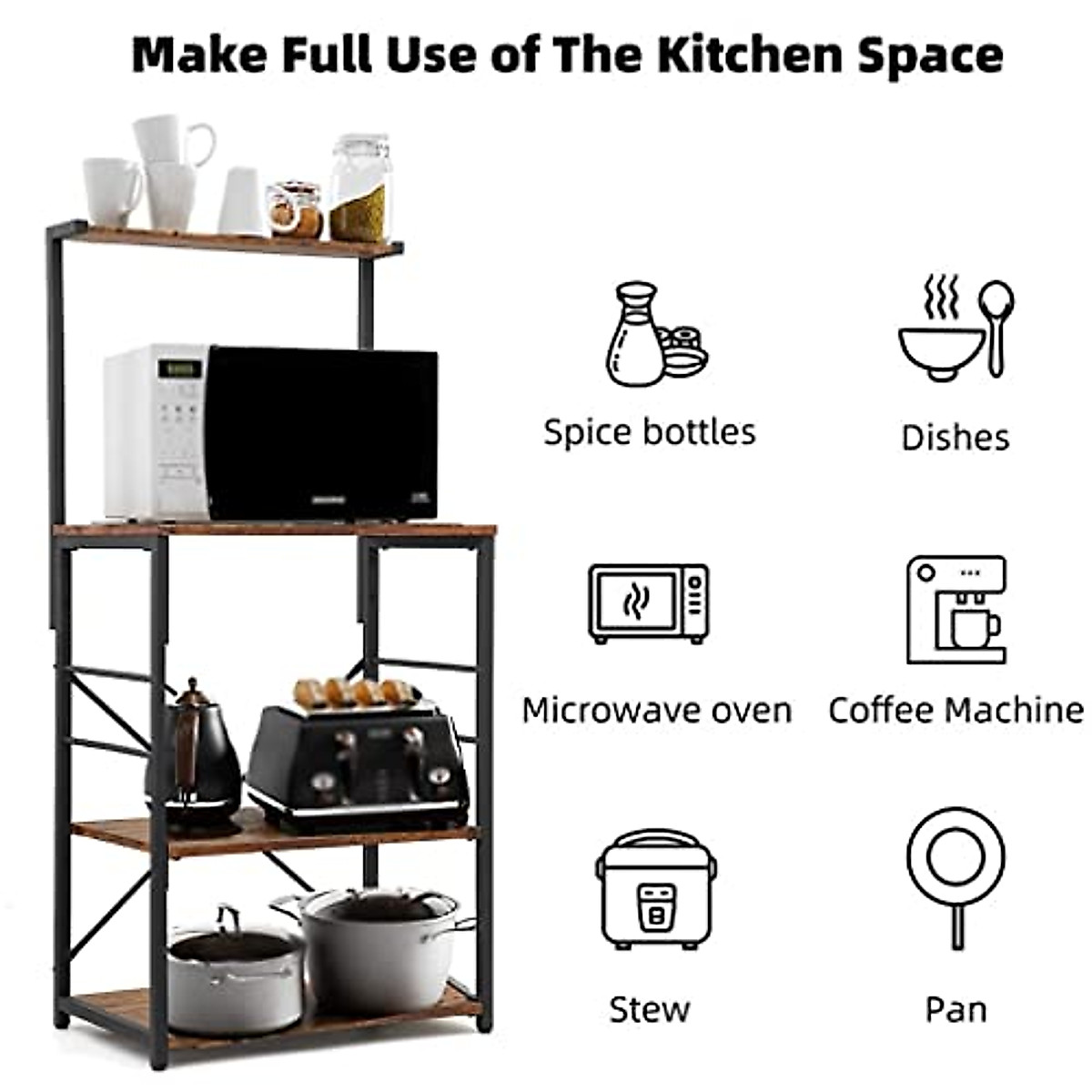 WYKDD 4 Tier Wooden Kitchen Storage Rack Bakery Shelf with 4 Tier Microwave Oven Farmhouse Rustic Industrial Style X Design Frame