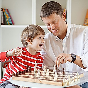 Wooden Chess Set for Kids and Adults - 15 Staunton Chess Set - Large Folding Chess Board Game Sets - Storage for Pieces | Wood Pawns - Unique E-Book for Beginner - 2 Extra Queens