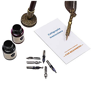UBEART Calligraphy Set, Calligraphy Kits Include Antique Quill Feather Pen,Handcraft Wooden Pen,12 Nibs,2 Bottles Inks,Pen Holder and Calligraphy Instruction for Beginners Birthday Gift