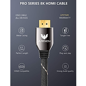 HDMI 2.1 Cable, Ultra High Speed 48Gbps 8K HDMI Cable 8ft, ARISEN 4K120 8K@60Hz Heavy Duty Braided HDMI Cord eARC HDR10 Compatible with RTX 3090 3080 PS5 4K TV Xbox Series X UHD TV Laptop
