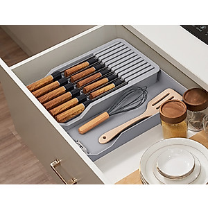 SOMIER Expandable Knife Organizer, Kitchen Drawer Knife Block with Adjustable Compact Flatware Cutlery Tray for Cooking Utensils, 2 Tier Knife Holder Insert for 11 Knives Storage, Gray