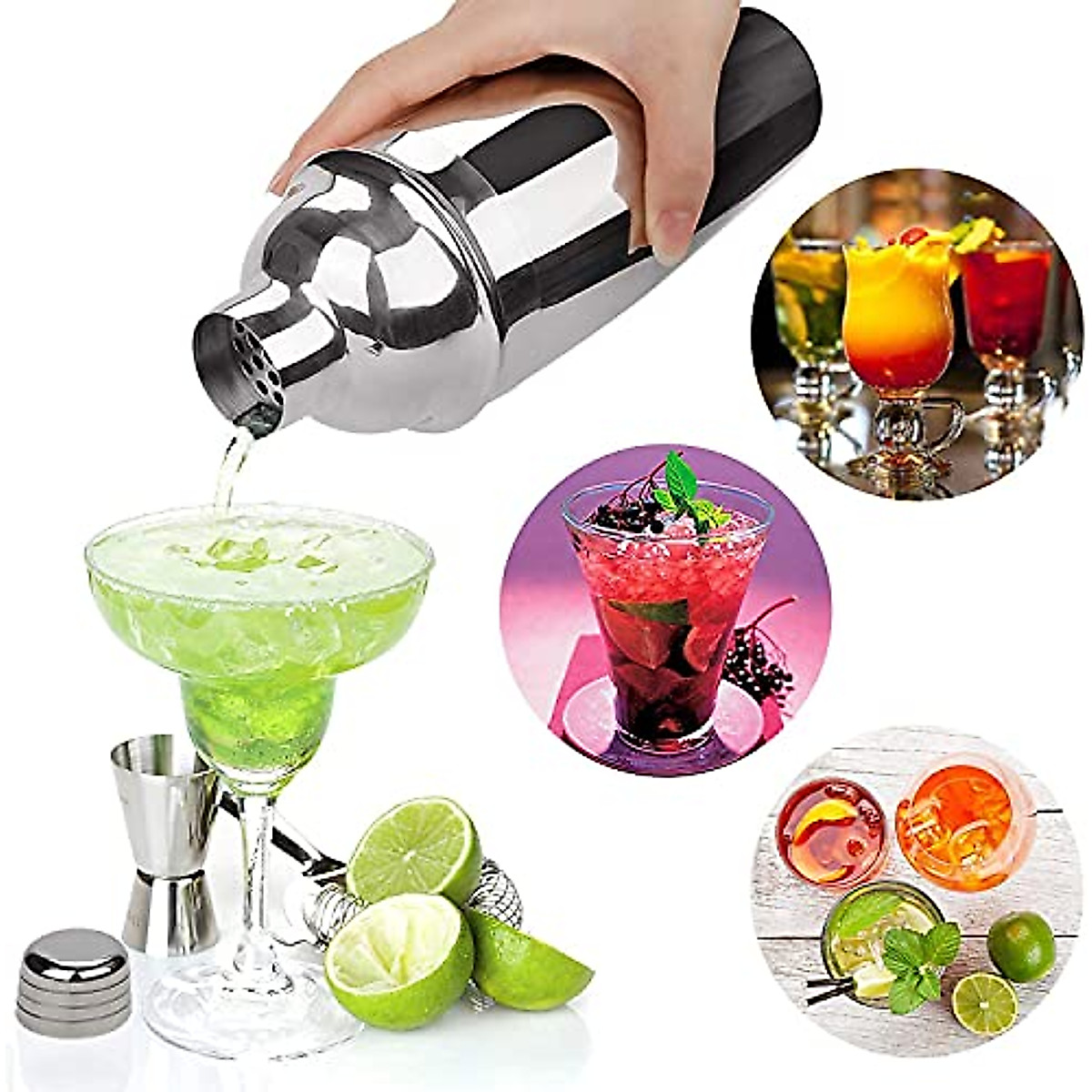 Aolzg Cocktail Shaker, 18oz Martini Shaker, Cocktail Stainless Steel Wine Shaker with Strainer and Lid Top,Drink Shaker, Martini Shaker and Strainer, Cocktail Shaker Set, Shakers Bartending,(550ml）