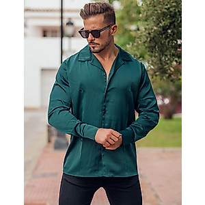 COOFANDY Mens Dress Shirts Long Sleeve Satin Button Down Shirts Shiny Prom Party Shirts Lake Green
