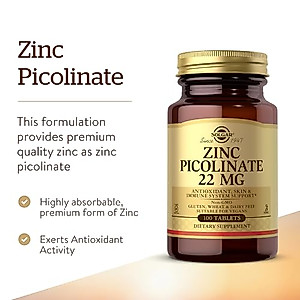 Solgar Zinc Picolinate 22 mg, 100 Tablets - Promotes Healthy Skin - Supports Immune System, Normal Taste & Vision - Antioxidant - Non GMO, Vegan, Gluten Free, Dairy Free, Kosher - 100 Servings