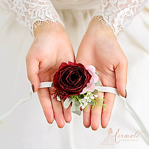 Hermoli Bridal Wrist Corsage Set Rose Flowers Bride Bridesmaid Hand Flower Ribbon Bracelet for Wedding Prom Party