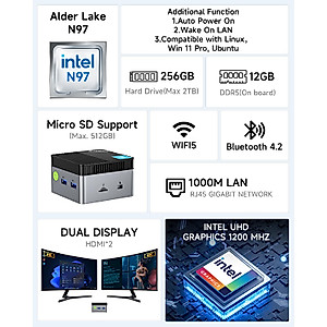 GMKtec Mini PC N97, G5 Micro Desktop Computer, 12th Gen Intel Alder Lake N97 (up to 3.60GHz) 12GB DDR5 256GB Hard Drive for Business, School, Office