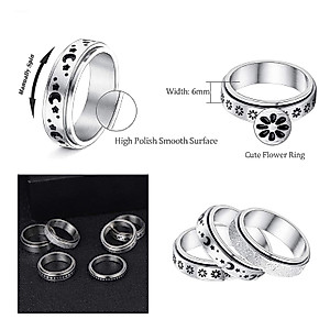Vakki 8 PCS Stainless Steel Spinner Ring for Women Stars Moon Sun Spin Double Rotation Wedding Rings Promise Ring Birthday Gift Size 9