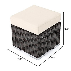 GDFStudio Outdoor 16 Inch Multibrown Wicker Ottoman Seat with Beige Water Resistant Cushion