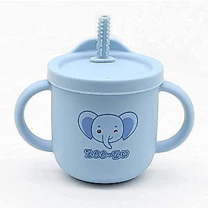 ZOO-ZU Silicone Sippy Cup for toddlers with straw & snack cup No Spill for babies BPA-FREE 9 OZ (Dusty Blue Elephant)