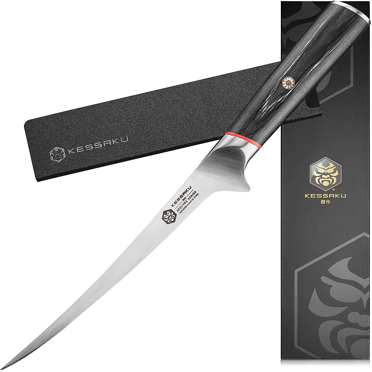 KESSAKU 7-Inch Flexible Fillet Knife - Spectre Series - Forged Japanese AUS-8 High Carbon Stainless Steel - Pakkawood Handle with Blade Guard