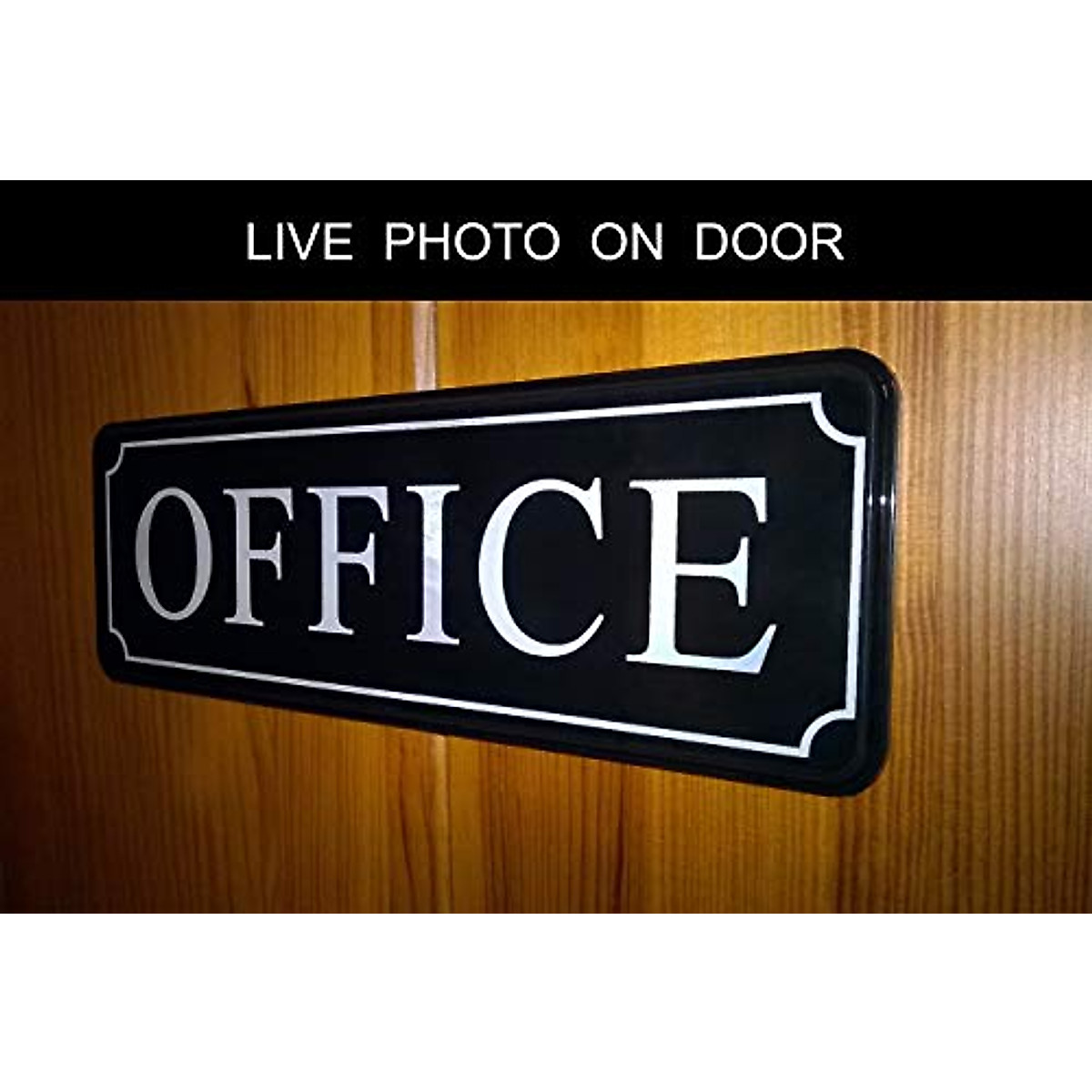 The Office sign for door or wall — quick easy installation. Self-adhesive — 9 X 3 in. The Best sign for home office and business. White big letters on black plate. Main office sign