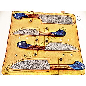 Custom Hand Made Damascus Steel Kitchen Knives Set/Chef Knives Set/BBQ Knife 4-Pieces Set FBK-01041, 01043, 01052, 01055, 01058, 01062 and 01063 (Cognac and Blue Colored Wood)