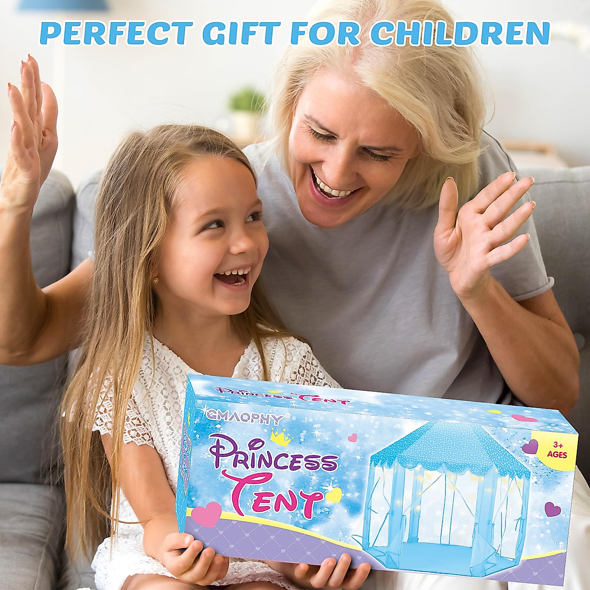 Blue Princess Tent Girls Large Playhouse Kids Castle Play Tent with Star Lights Toy for Children Indoor and Outdoor Games for Ages 3 4 5 6 Year Old