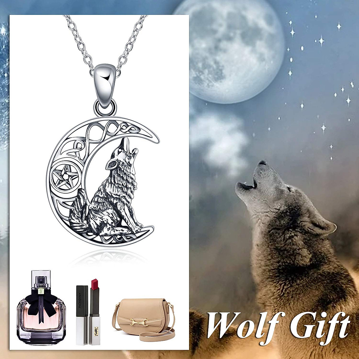 POPKIMI Sterling Silver Wolf Jewelry Howling Wolf Pendant Necklace for Men for Women, 18"+2" (Style-1)