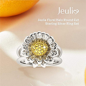 Jeulia s925 Sterling Silver Sunflower Rings Intertwined Ring Daisy Hawaiian Flower Rings for Women Halo Engagement Ring Set Bridal Anniversary with Jewelry Gift Box (Sunflower, 5.5)