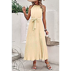 PRETTYGARDEN Women's Midi Summer Dresses Casual Halter Neck Swiss Dot Ruffle Sleeveless A Line Beach Sun Dress (Z_Apricot,Large)