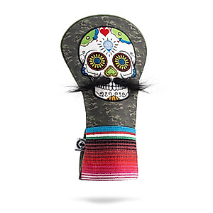 Pins & Aces Golf Co. LE Sugar Skull Mustache Driver Head Cover - Premium, Hand-Made Leather 1W Headcover - Funny, Tour Quality Golf Club Cover - Style and Customize Your Golf Bag Green Camo