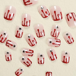 Halloween Short Press on Nails Square Fake Nails Red Glitter Blood Nail Tip Designs Stick on Nails with Spider Nude Acrylic Nails Short Halloween Fake Nails for Women 24Pcs