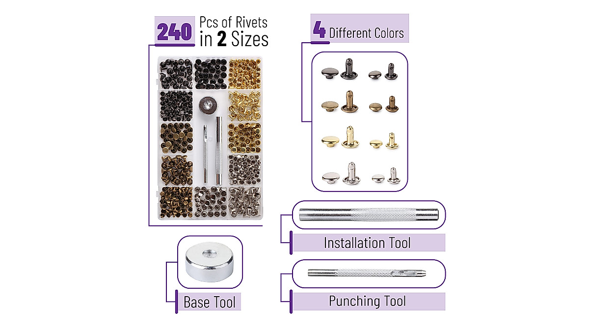 Get UNCO Leather Rivets Kit - 240pcs, 4 Colors, Tools