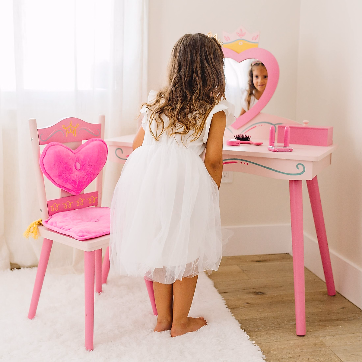 Wildkin Kids Princess Wooden Vanity and Chair Set for Girls, Vanity Features Mirror and Attached Jewelry Box and Music Box, Includes Matching Chair with Removable Backrest and Seat Cushion (Pink)
