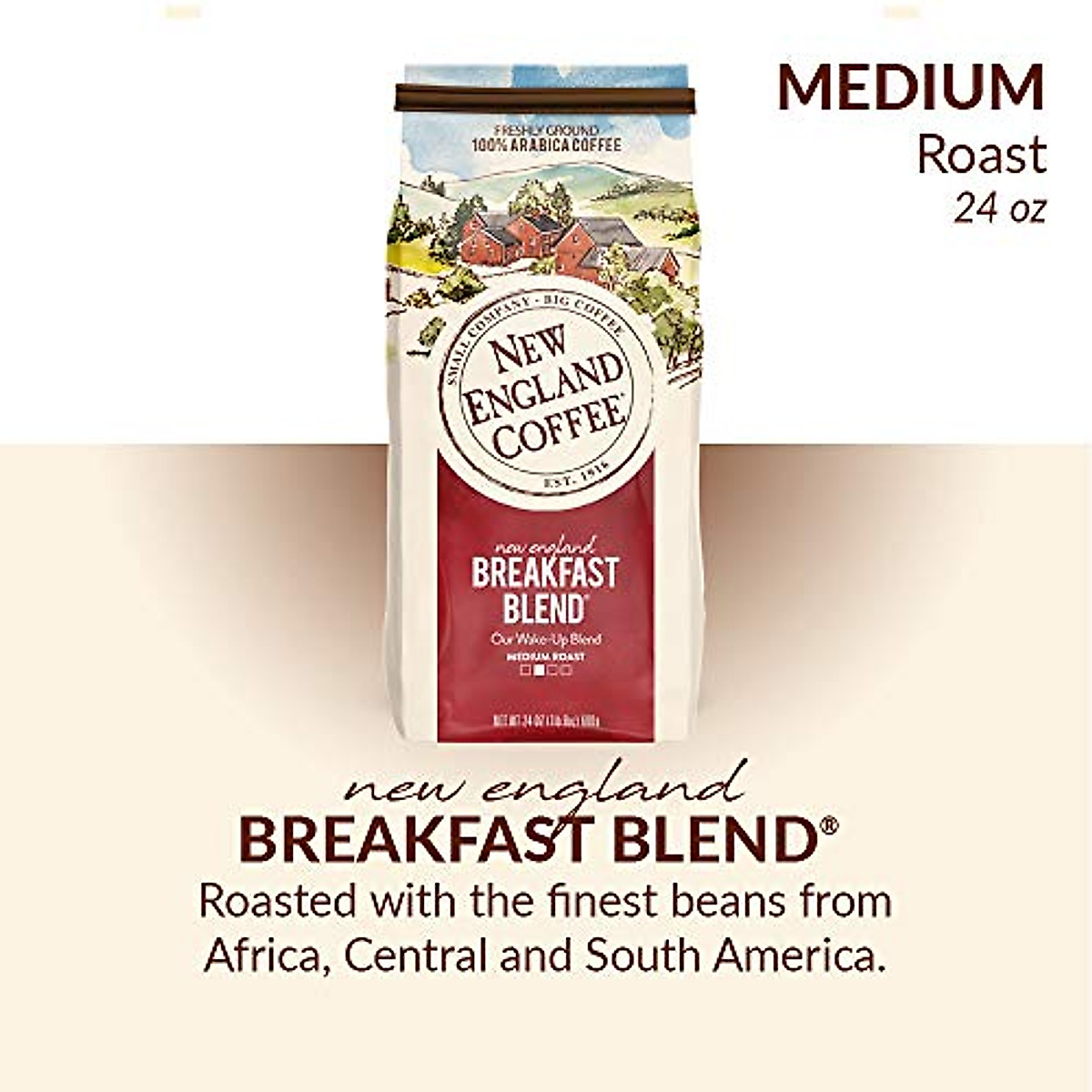 New England Coffee, New England Breakfast Blend, Medium Roast Ground Coffee, 24 Ounce Bag