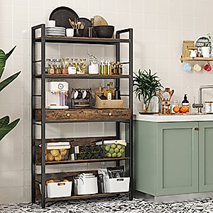 YAOHUOO Bookshelf with 2 Drawers-31.5” Widen Industrial Book Shelf with Bookend, 5 Tiers Tall Storage Shelves, Steel Frame Display Rack, Suitable for Bedroom,Office,Living Room,Bathroom