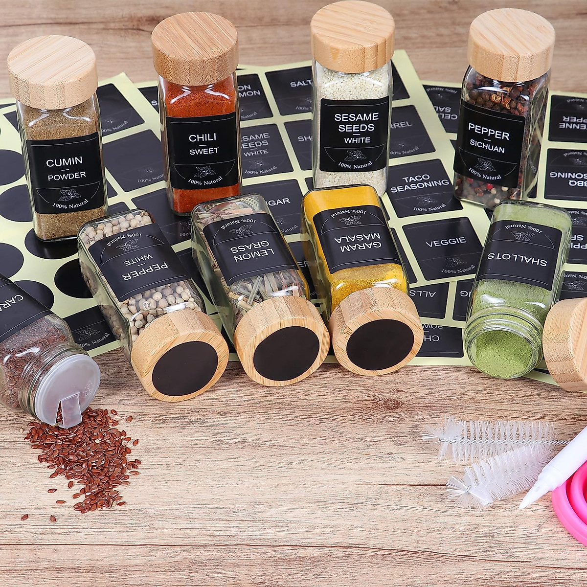 36pcs 4oz Spice Jars with Bamboo Lids, Glass Spice Jars with Labels, Empty Spice Containers Square Spice Bottles with Shaker Lids, Funnel, Chalk Pen and Brush
