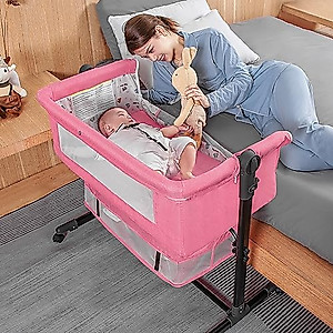 RICUTON Bassinet Bedside Sleeper, 3 in 1 Bedside Bassinet for Baby with Mosquito Nets and Wheels, Large Storage Bag, Heigt Adjustable, Easy Assemble