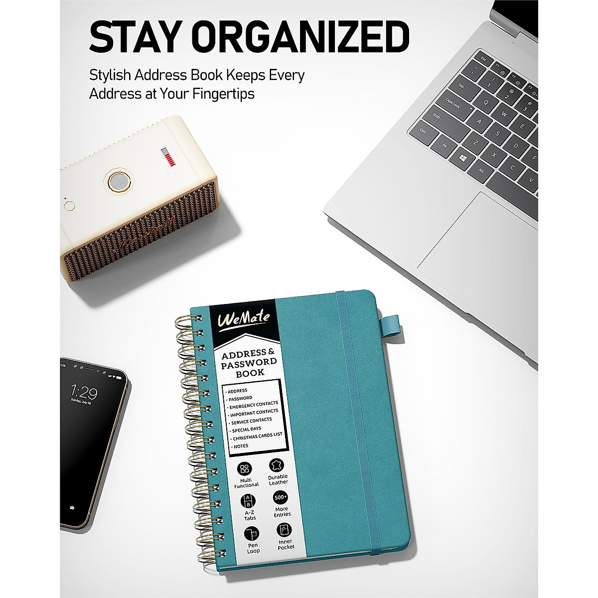 WEMATE Spiral Address Book with Alphabetical Tabs, Leather Password Book, Address Organizer Telephone Notebook Journal Keep Contact Safe Hardcover Large Print for Seniors Home Office 5.8″×8.2″, Green